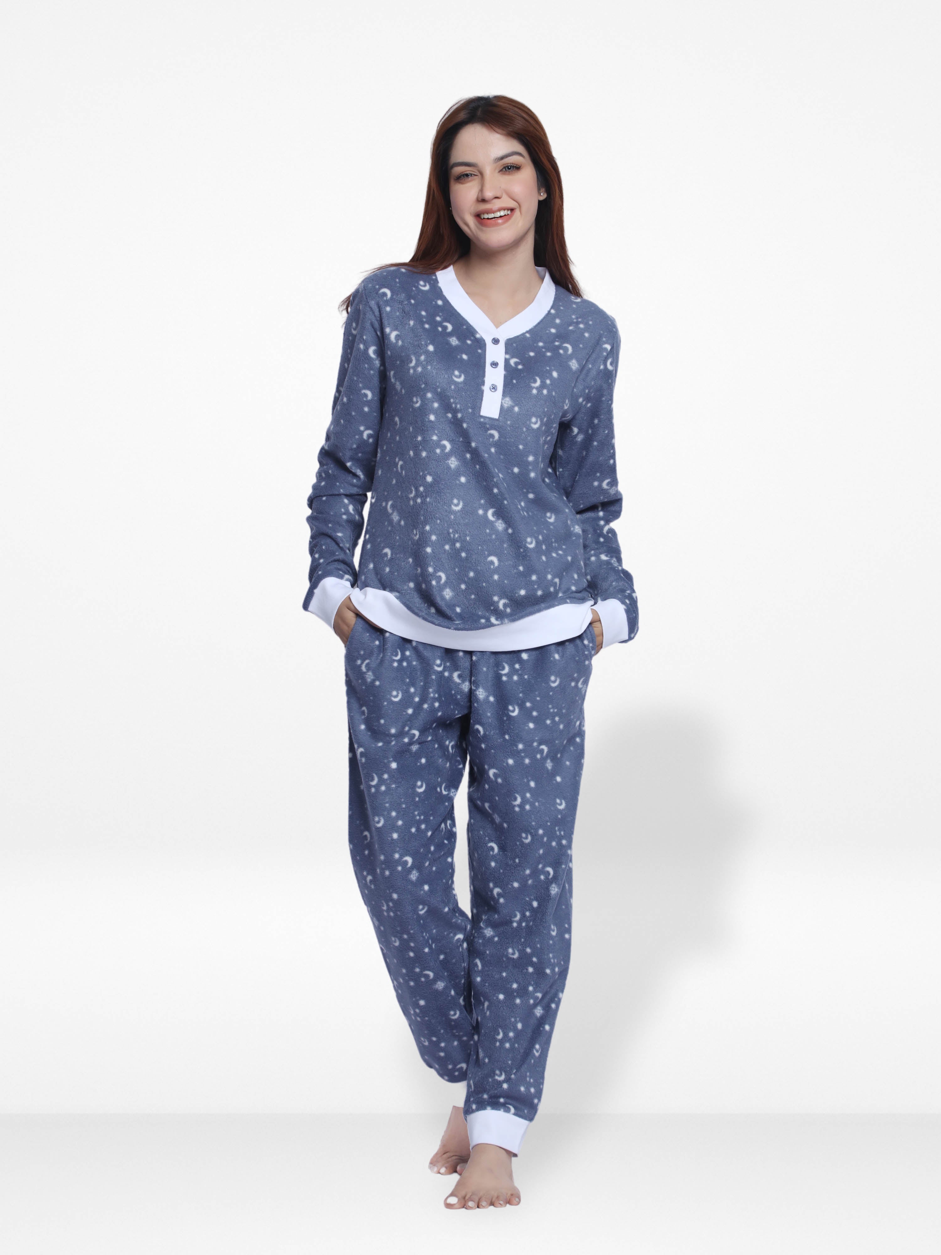 Women Micro Polar Fleece Sleepwear Long Sleeve Blue Moon Star printed ...